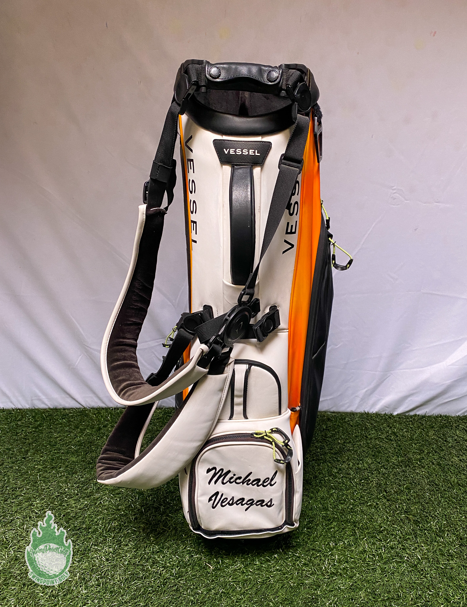 Used Vessel Golf White Stand Bag w/ Backpack Straps Embroidered Michael ...