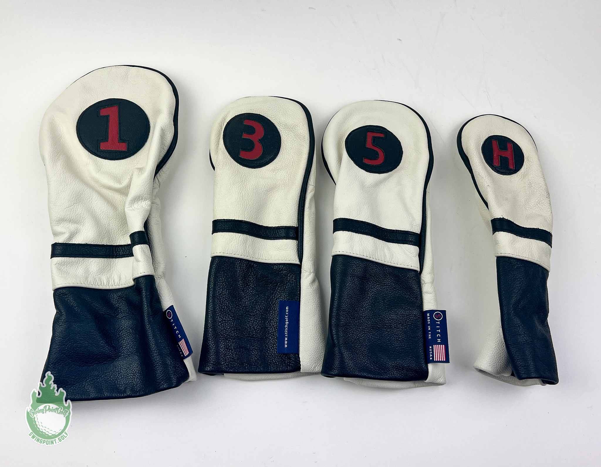 Set of 4 Used Stitch Golf Leather White & Black Hybrid 1, 3 & 5 Wood ...